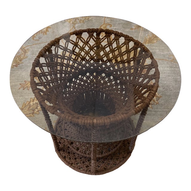 1960s Handwoven Macrame Side Table With Glass | Chairish