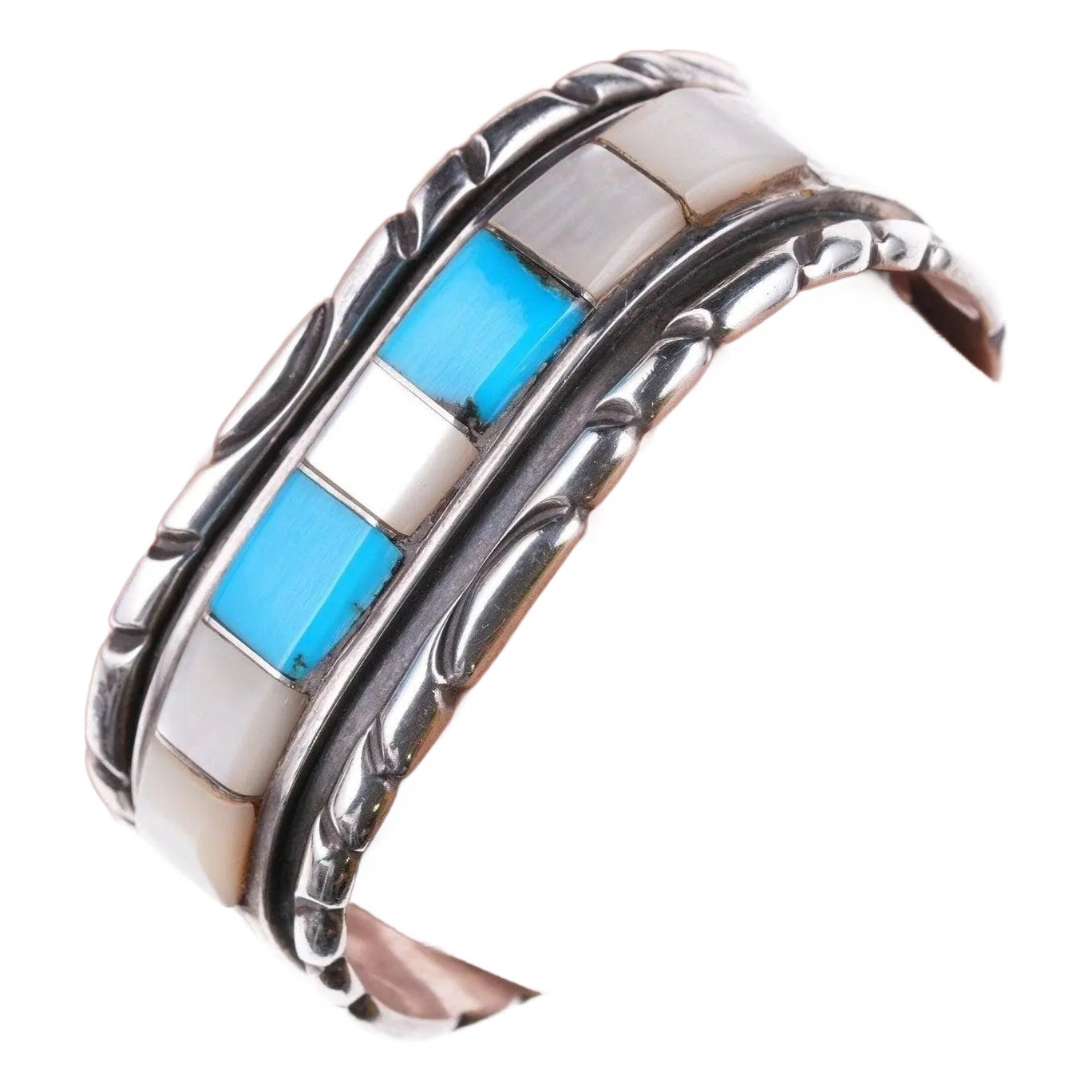 6.5" Vintage Native American silver - Turquoise and mother of pearl ...