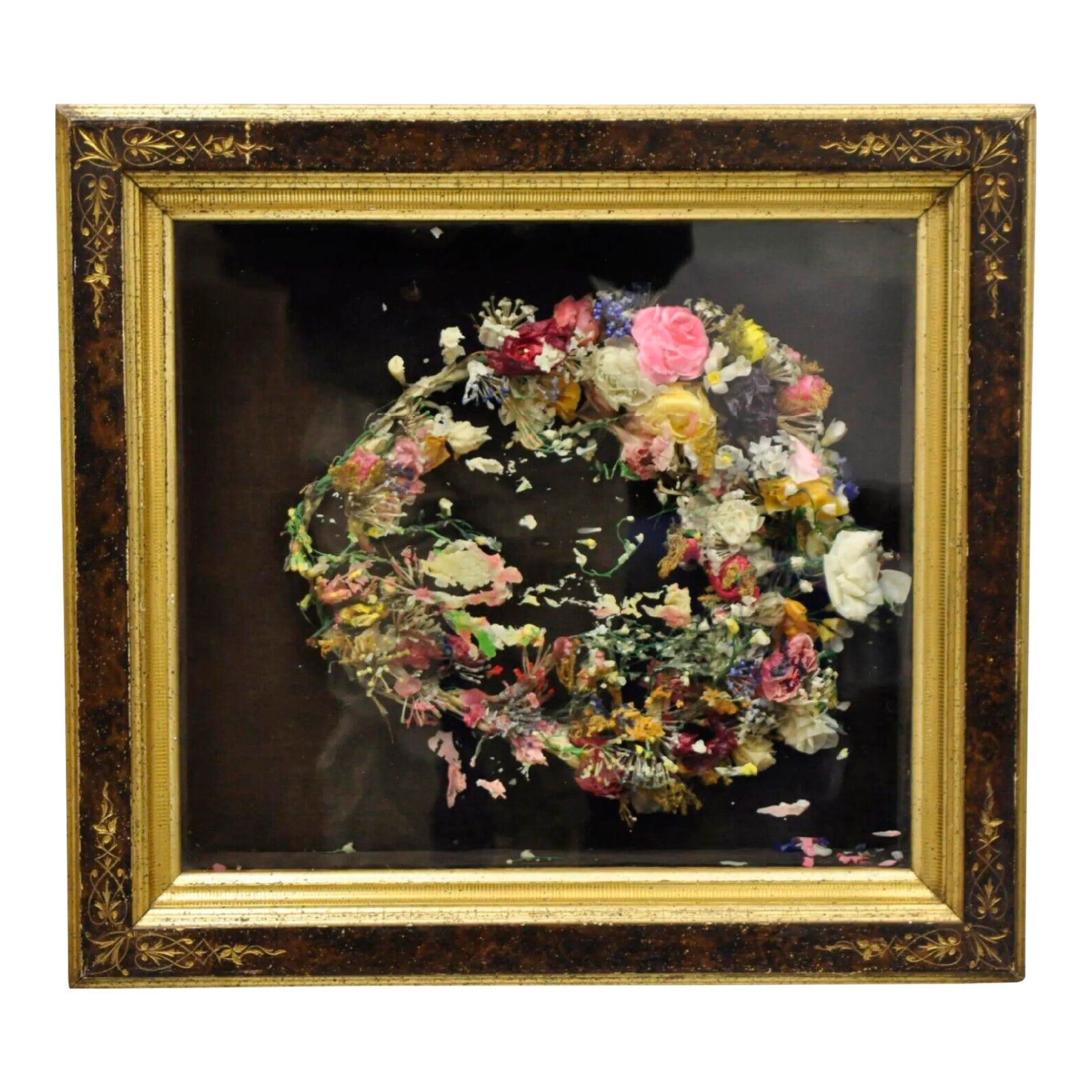 Antique Victorian Wax Flower Floral Mourning Wreath Shadow Box Frame ...