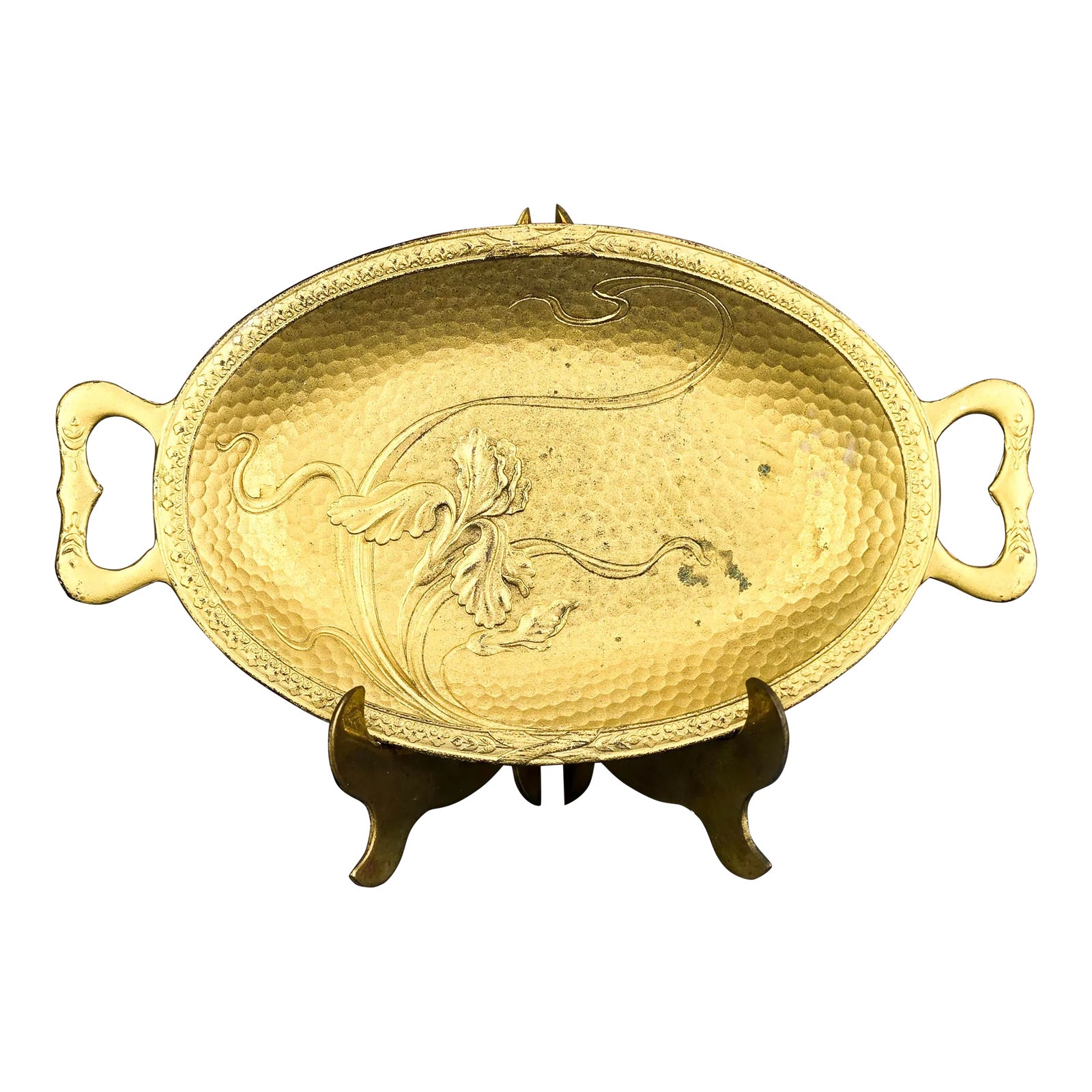 1910s Art Nouveau Gilt Metal Small Display Tray With Handles | Chairish