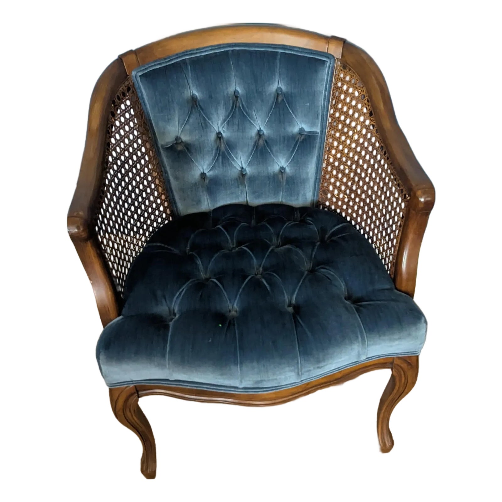 1980s Mid-Century Cane Barrel Back Lounge Chair With Cornflower Blue ...