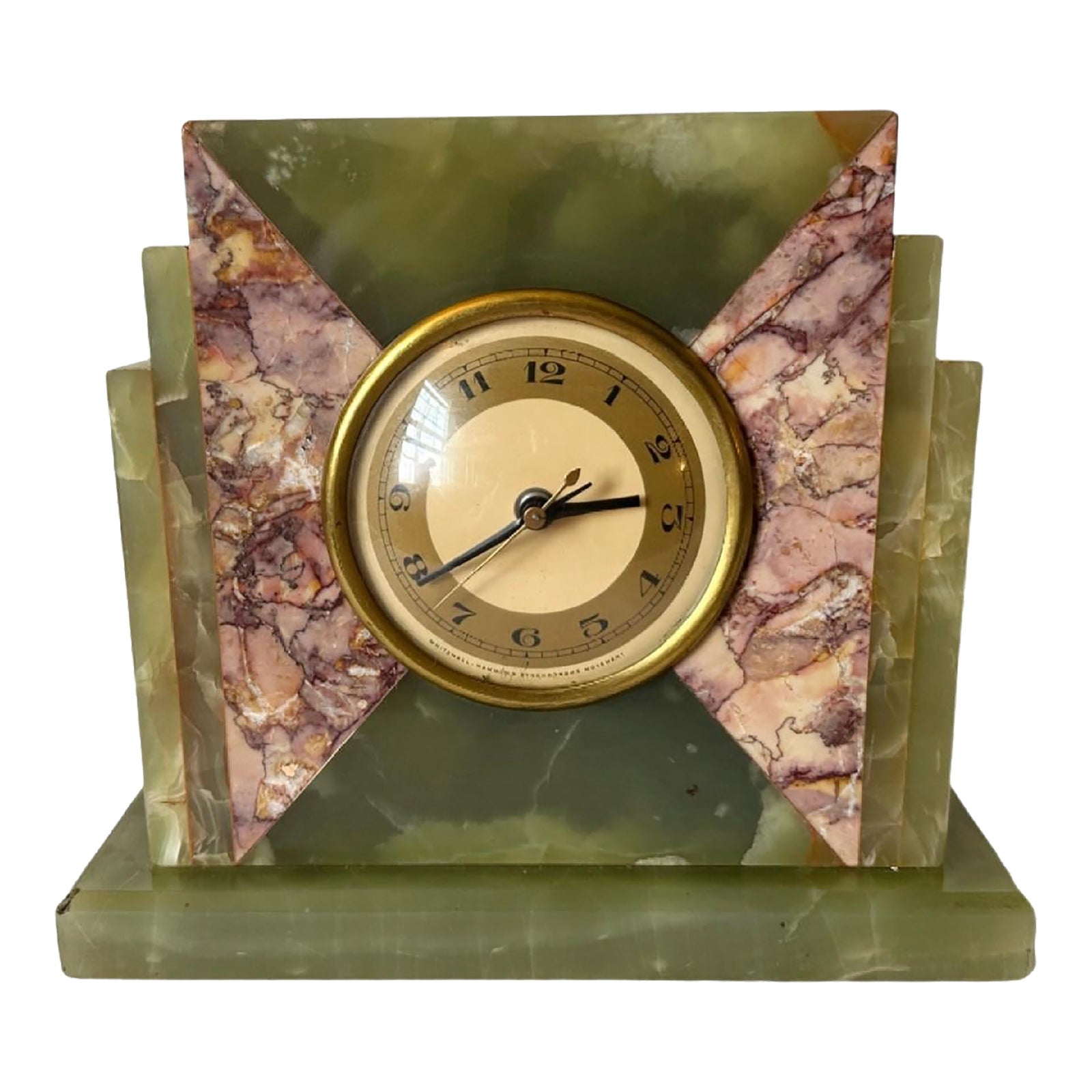Vintage 1930's Art Deco Green Onyx & Marble Mantle Clock | Chairish