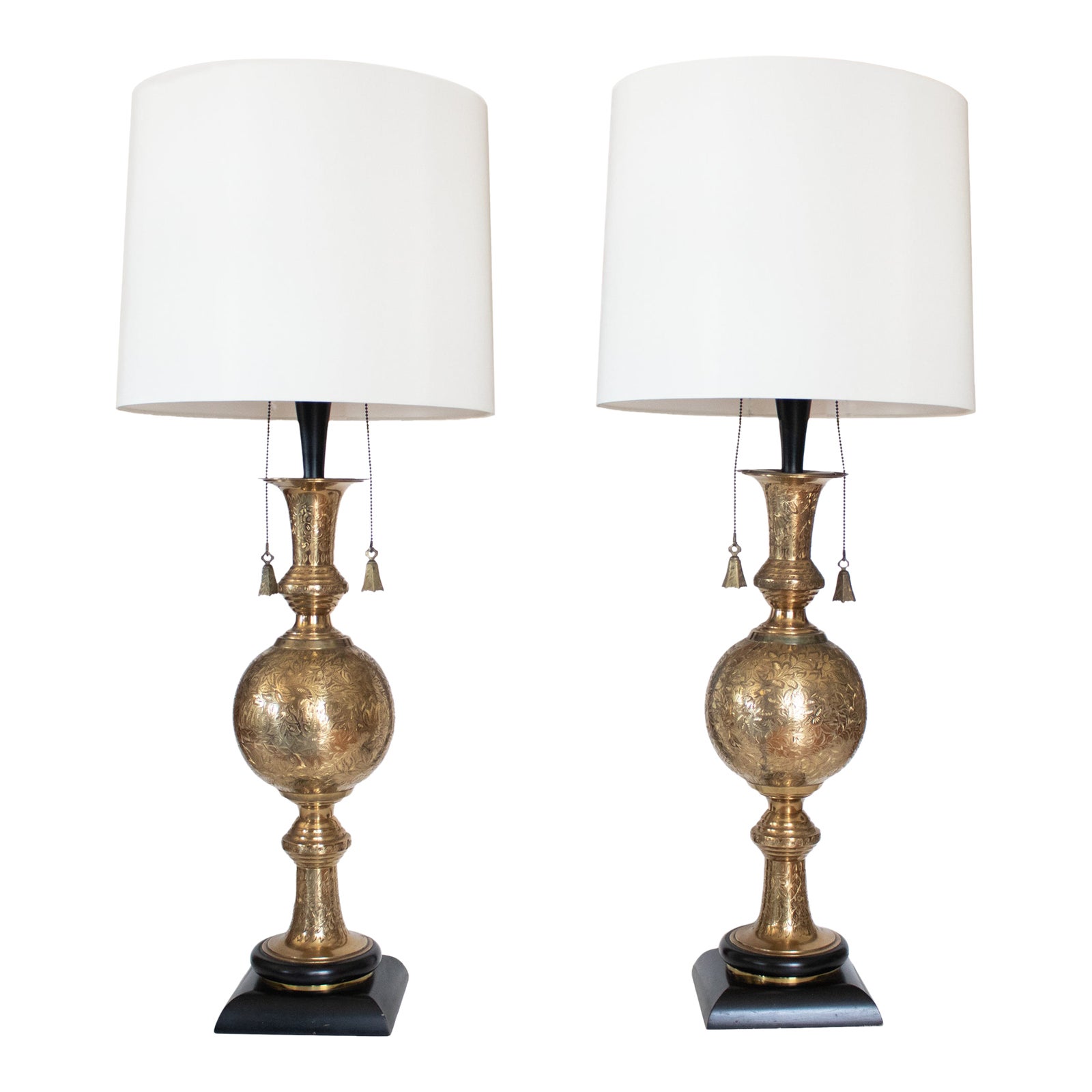 Mid Century Very Tall Indo-Persian Brass Lamps With Shades - A Pair ...