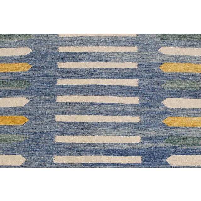 Early 21st Century Boho Chic Kilim Blue Beige Wool Rug | Chairish