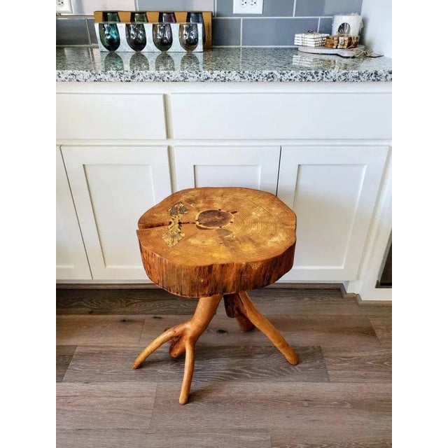 Natural Live Edge Tree Slice Inlaid Side Table With Root Base - Signed ...
