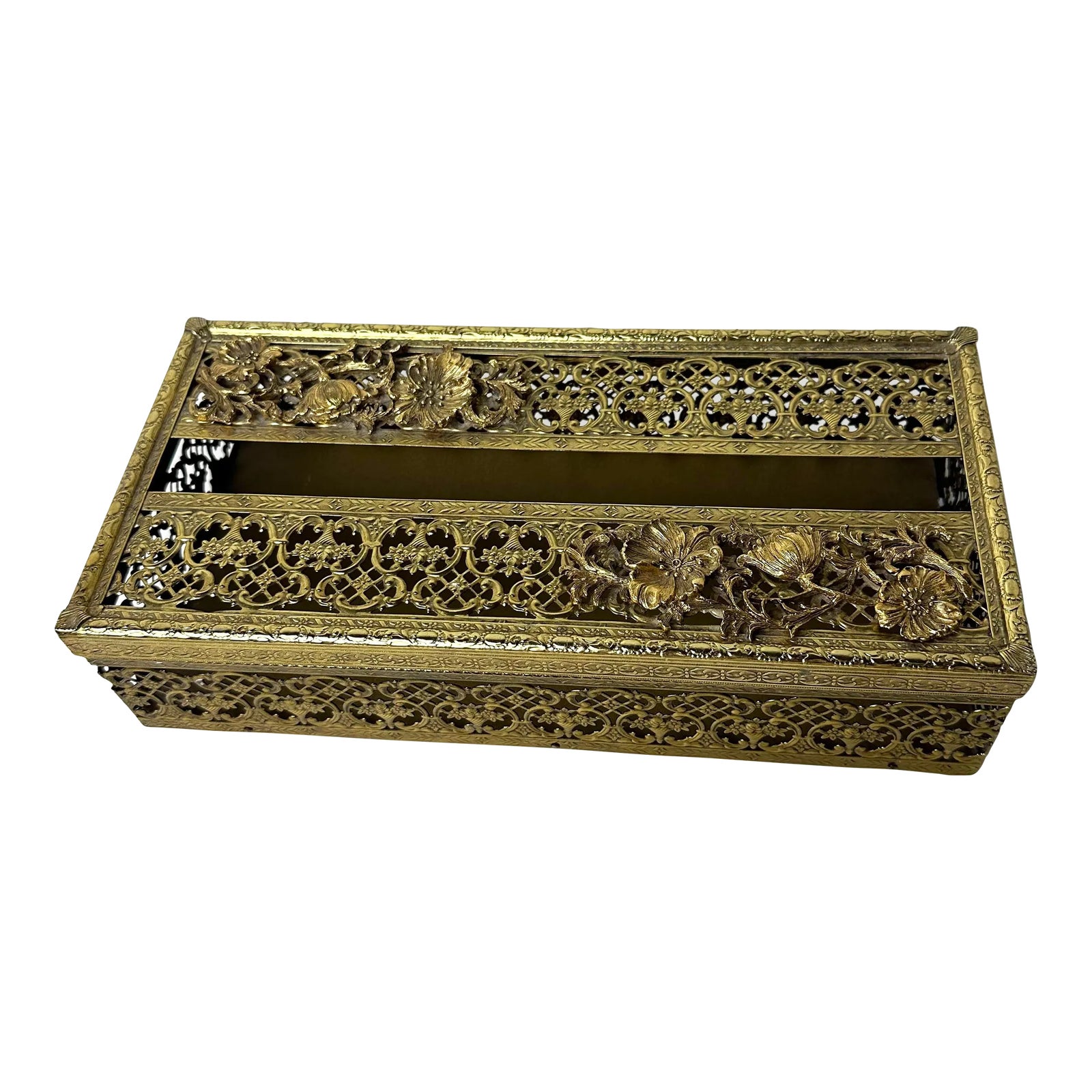 1960s Hollywood Regency Goldtone Tissue Box | Chairish