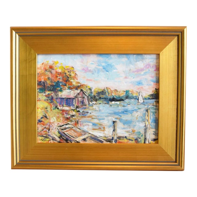 Impressionist Lake Boathouse & Boats Landscape Oil Painting Displayed ...