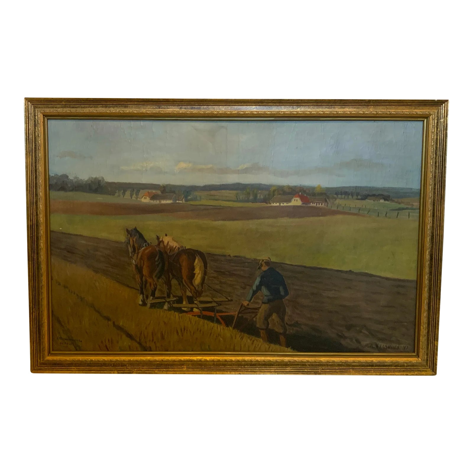 Vintage Farm Scene Oil Painting - Framed | Chairish