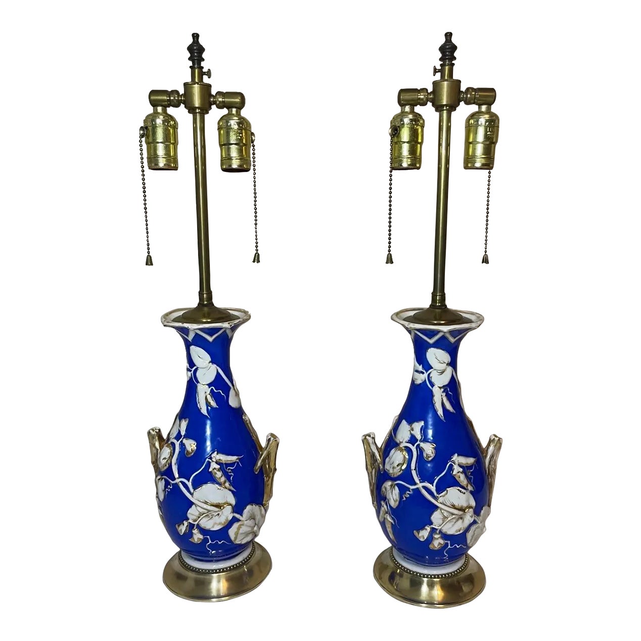 Pair 1940s European Porcelain Royal Blue Lamps Raised Floral & Vines ...