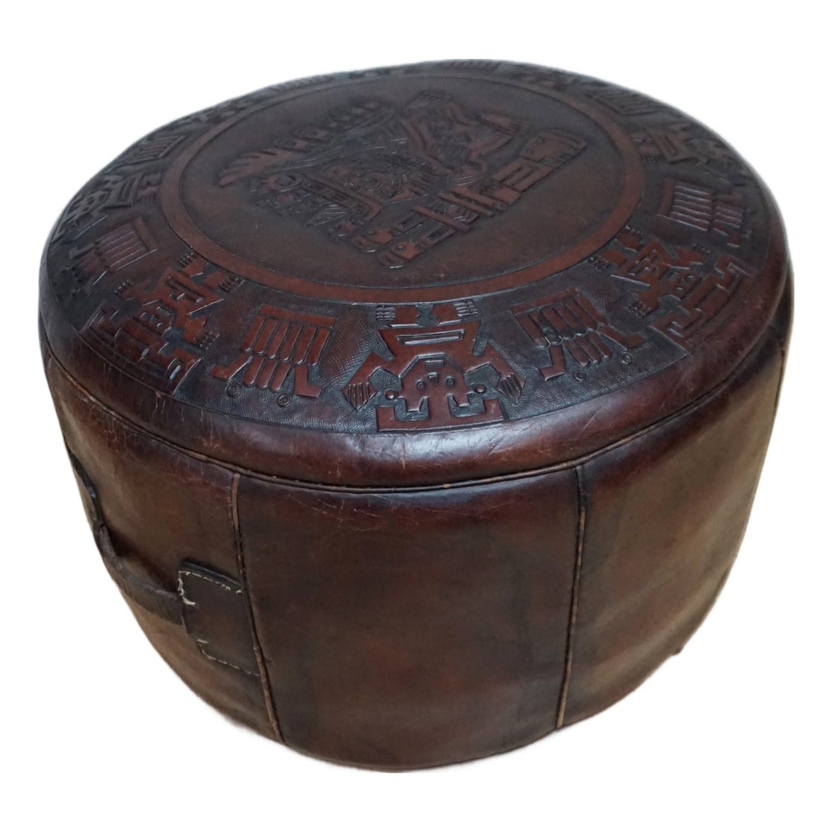 Round Saddle Leather Ottoman with Reliëf Mayan Motifs from Angel ...