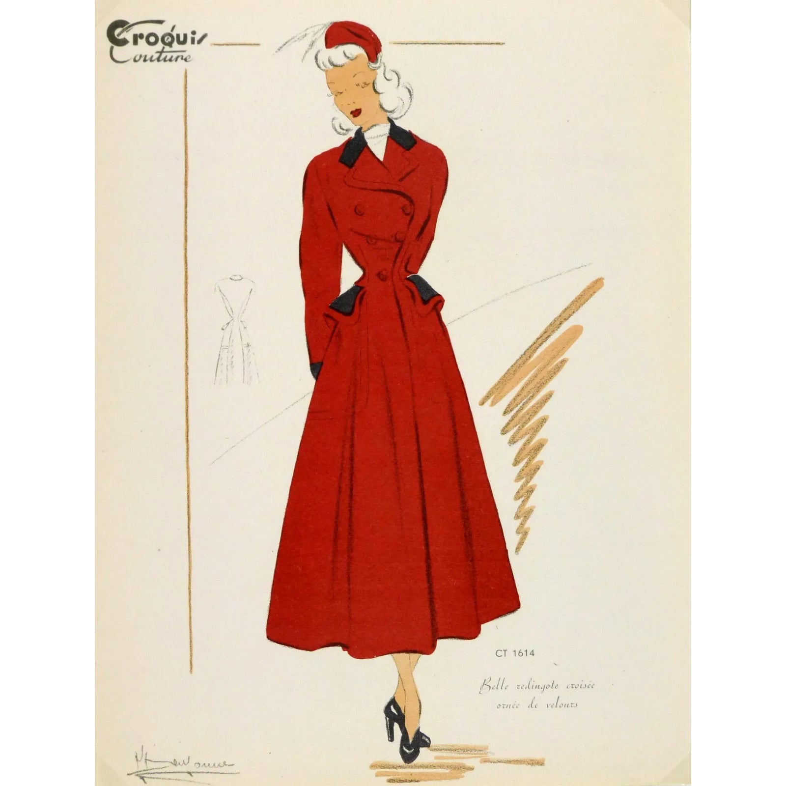 French Fashion Sketch - Red Velvet Couture | Chairish