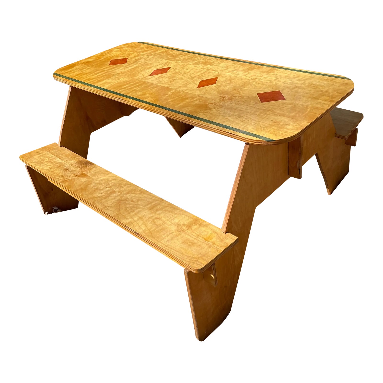 1960s Custom-Made Puzzle Piece Picnic Table With Wood Inlay | Chairish