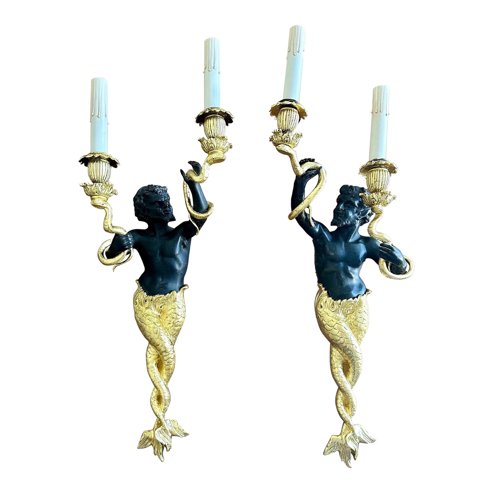 Antique Twin Tailed Merman Gilt Patinated Triton Wall Sconces - a Pair ...