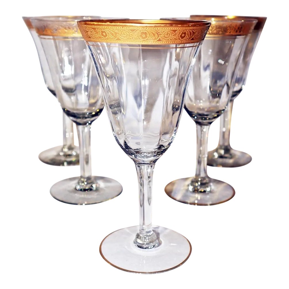1920-1930s American Gilt Rim and Crystal Wine Stems- Set of 5 | Chairish