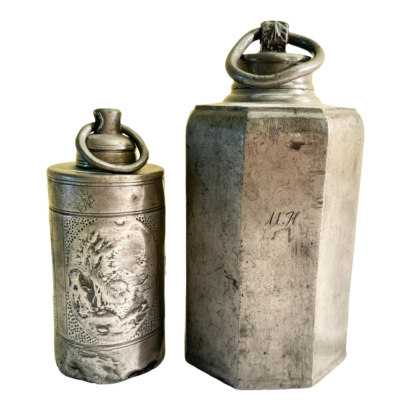 Pair of Antique Pewter Tea Cannisters | Chairish