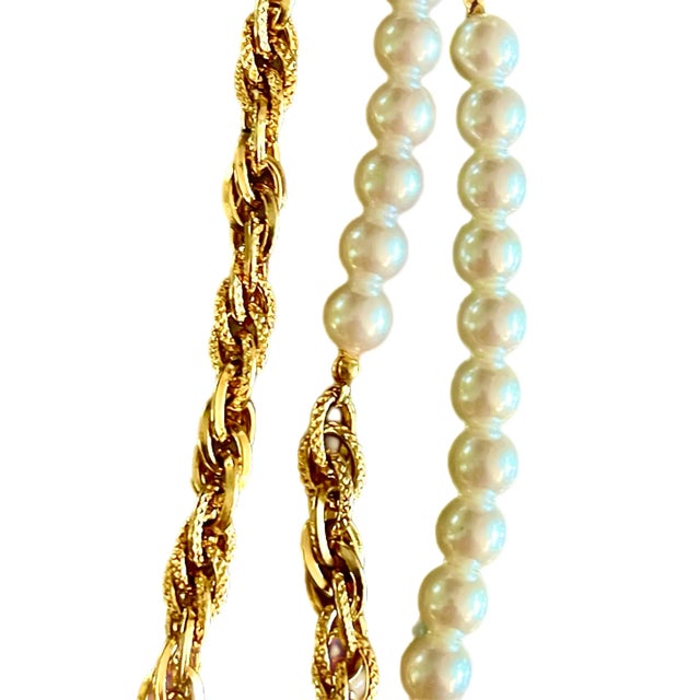 Vintage Chanel Look Triple Gold Chain and Faux Pearl Necklace | Chairish