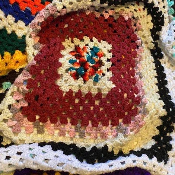 Vintage 70's Mid-Century Modern Multicolor Crochet Blanket | Chairish