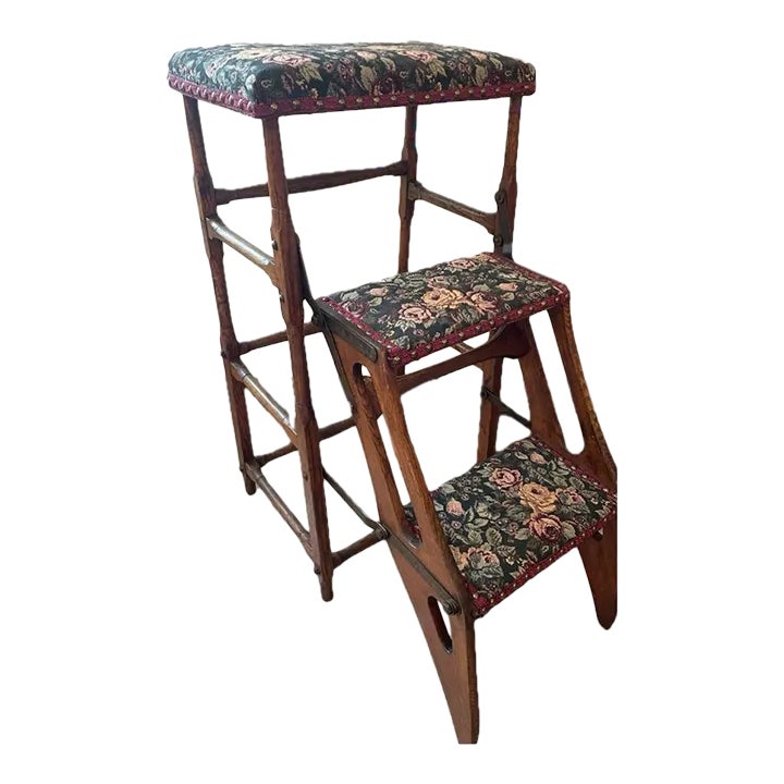 Antique Oak Upholstered Library Step Stool | Chairish
