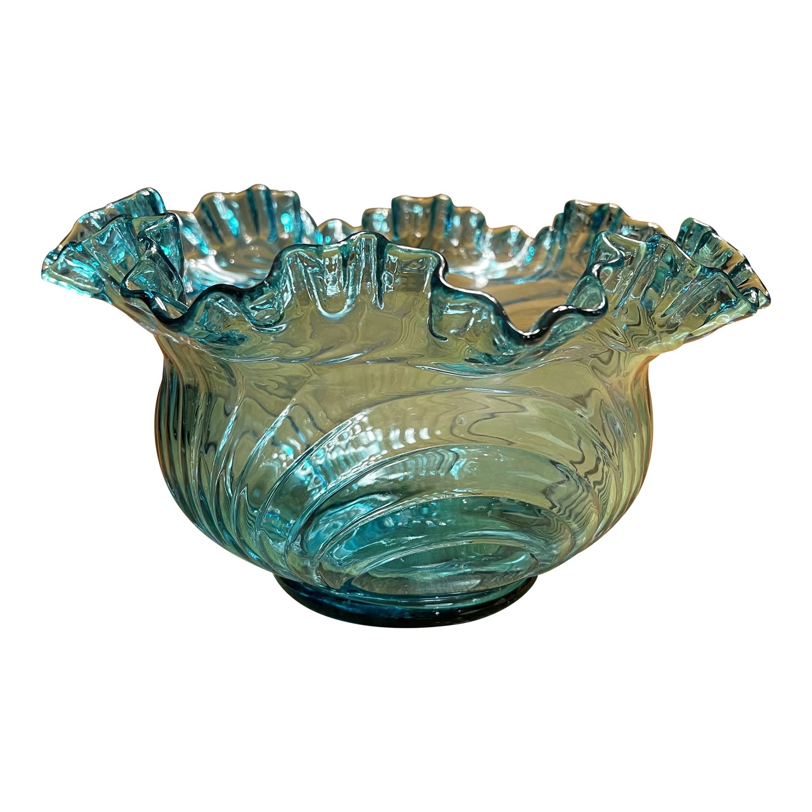 1960s Fenton Blue Glass Ruffled Edge Bowl | Chairish