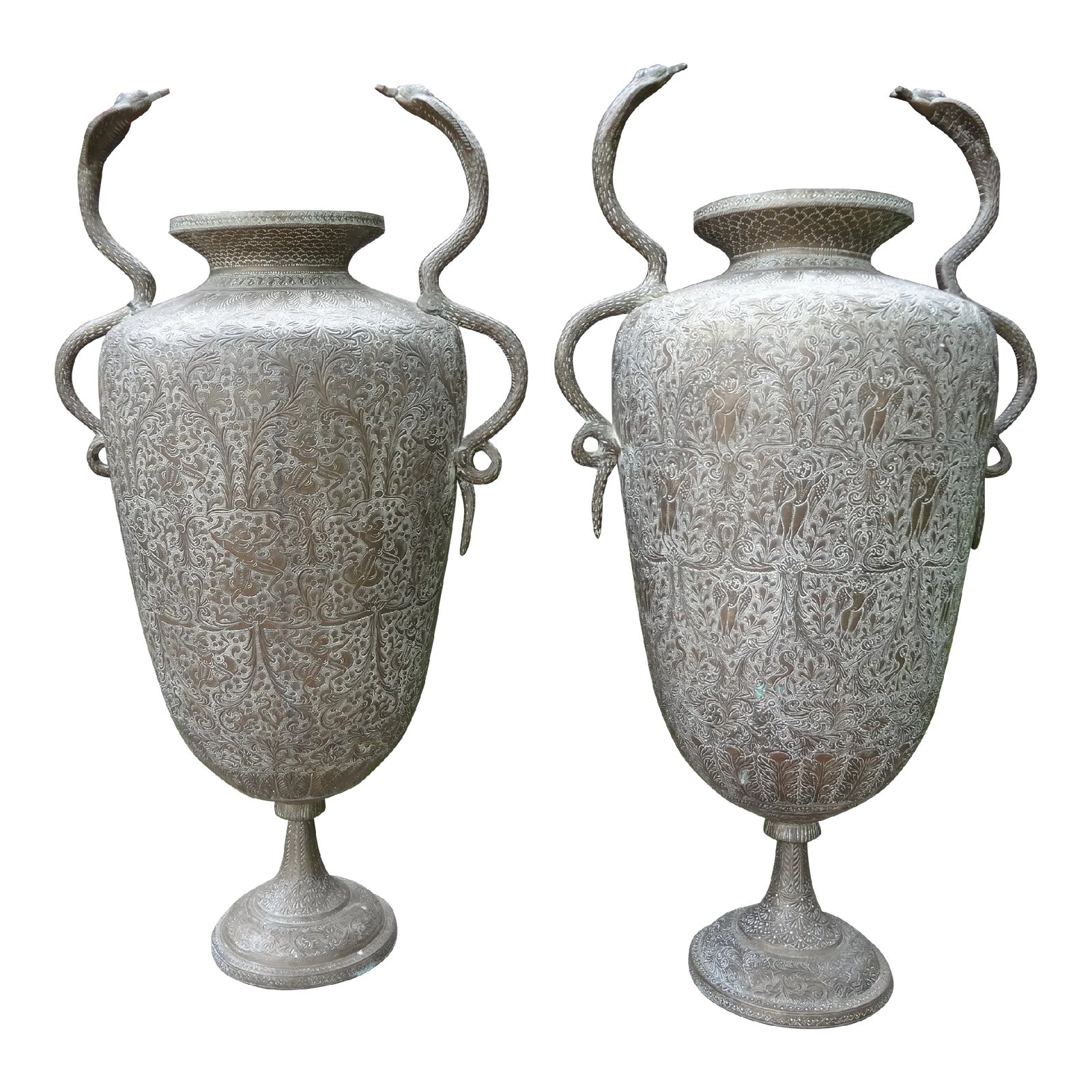 Pair of 1920s Anglo-Indian Brass Urns With Cobras | Chairish
