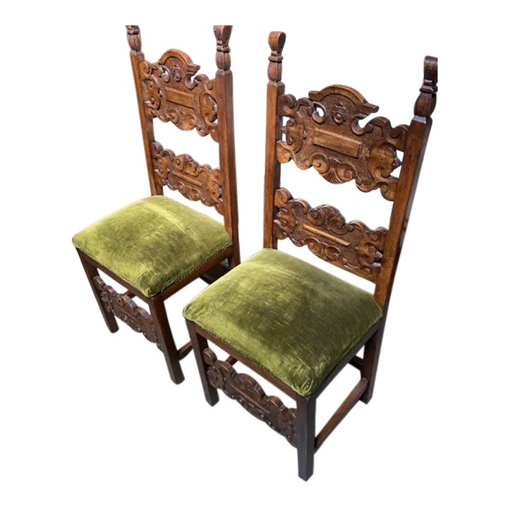 Pair of Italian Hand Carved Chairs in Walnut Circa 1900s | Chairish
