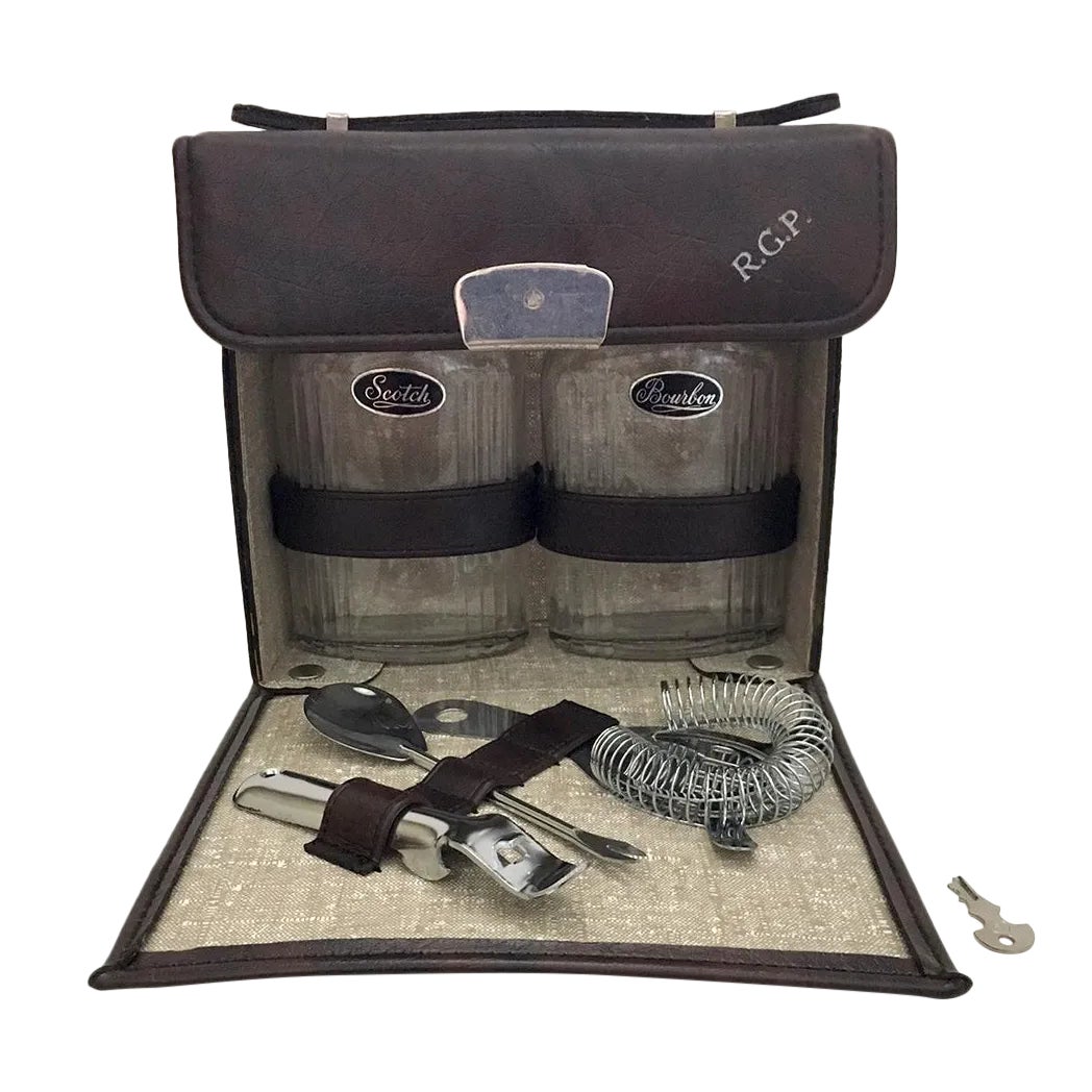 Monogrammed Brown Leather Travel Bar Handled Case | Chairish