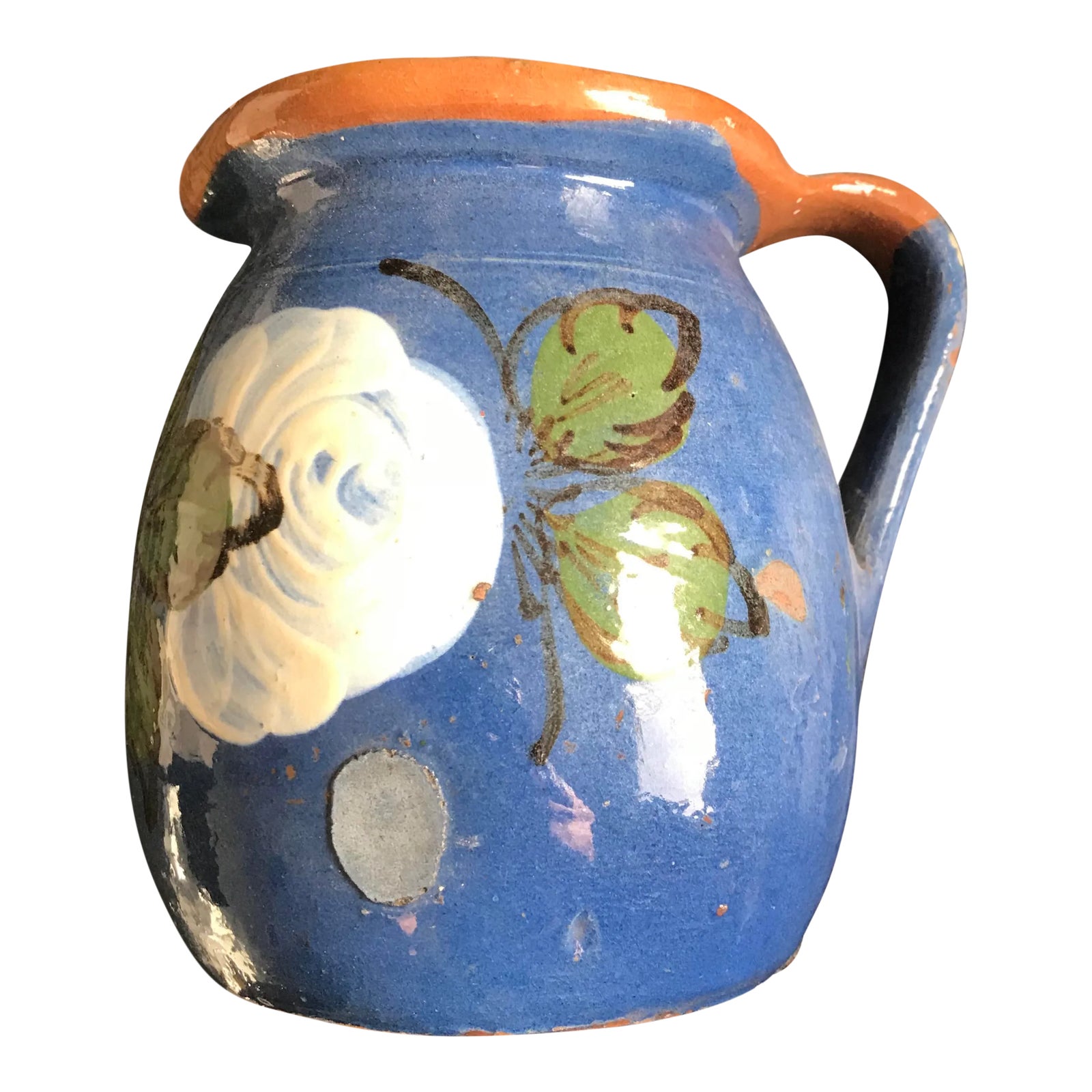 1880’s Vintage European Blue Ceramic Handpainted Milk Jug | Chairish