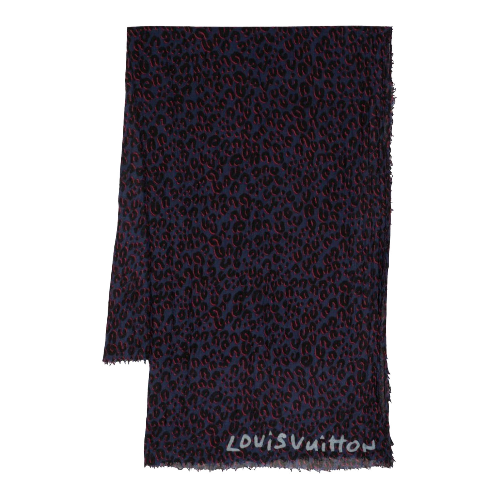 Louis Vuitton Cheetah Print Scarf Blue/Red | Chairish