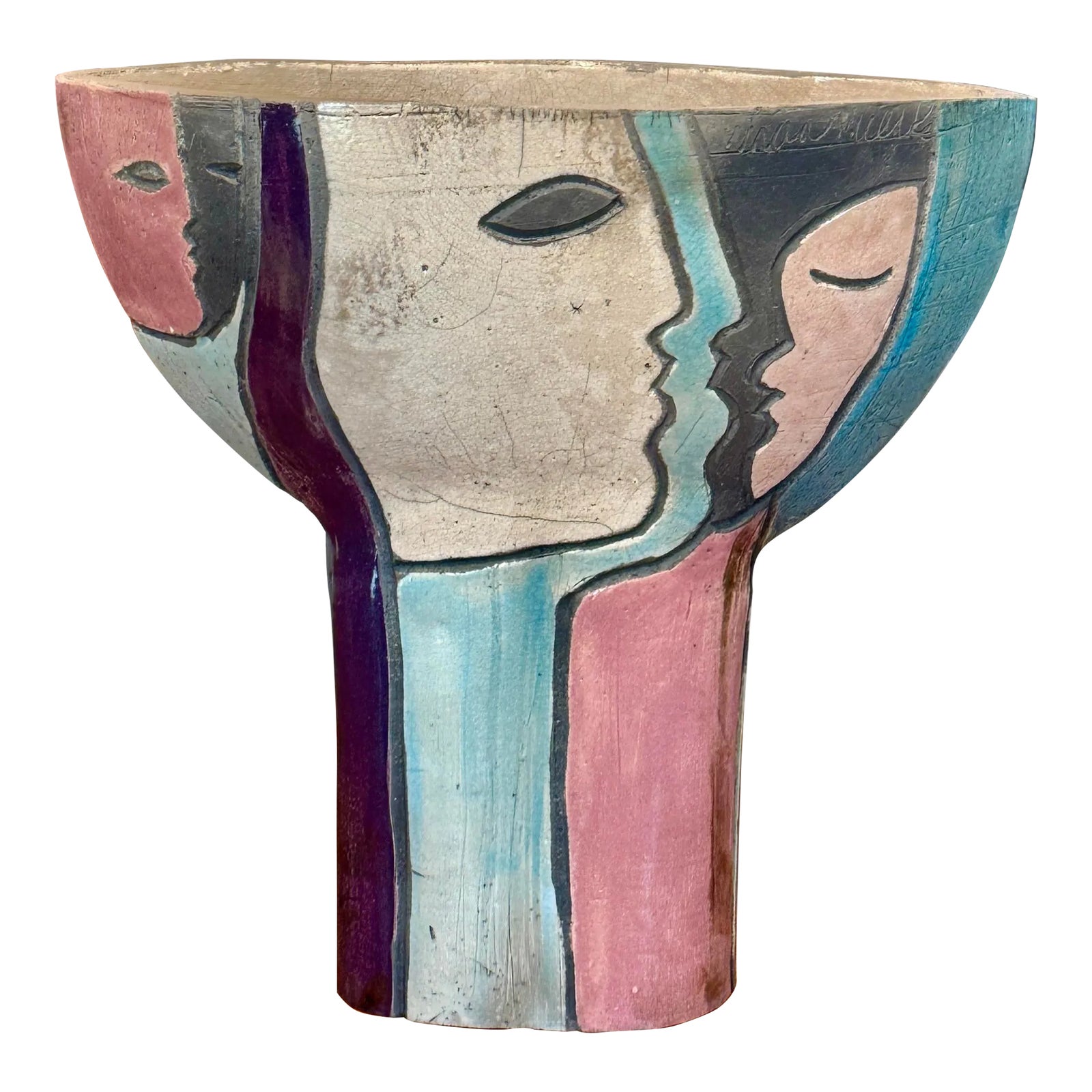 Modernist Raku Pottery Ceramic Vase With Abstract Faces, Circa 1960s ...