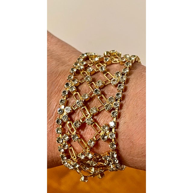 1980s Sparkly Art Deco Style Crosshatch Crystal Gold Bracelet | Chairish