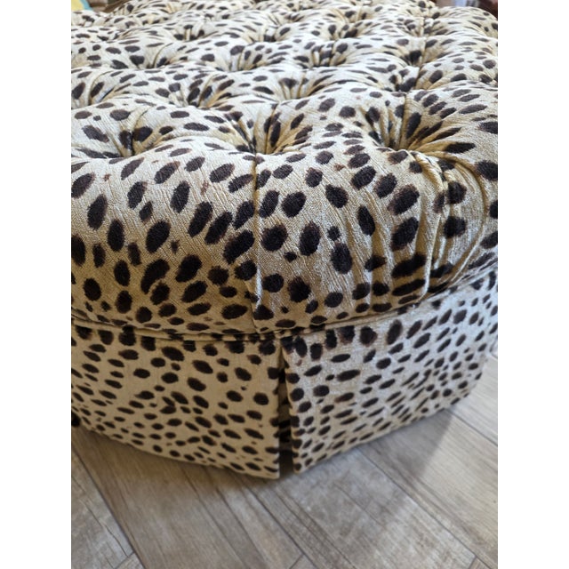 Tufted Round Ottoman With Leopard Fabric | Chairish