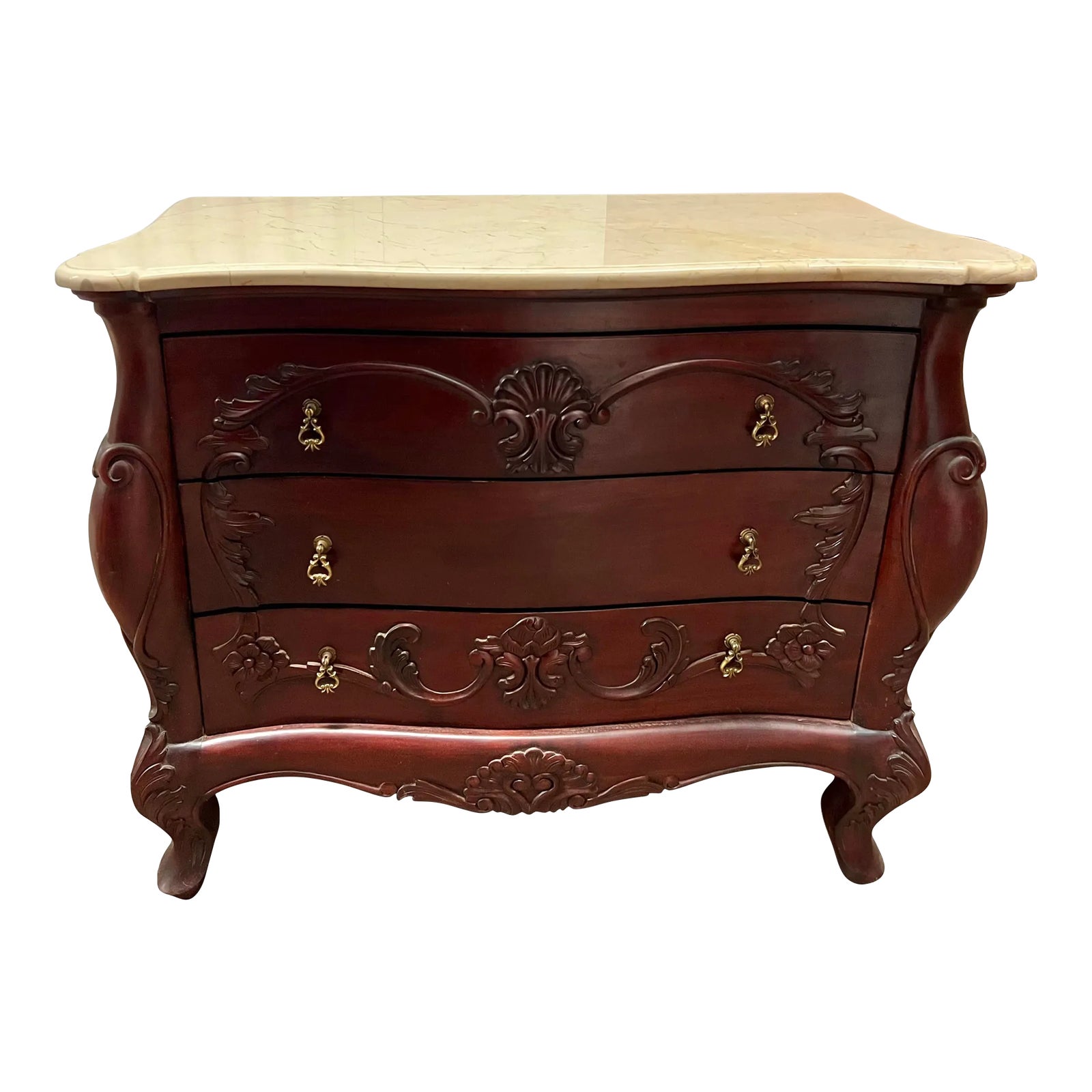 Vintage Tavertine Topped Carved Bombe Chest in Burgundy | Chairish