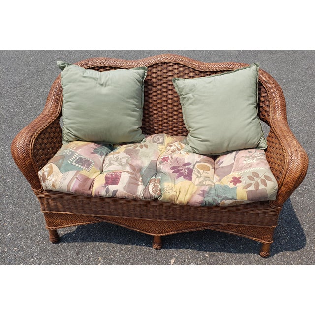 1960s Vintage Wicker Rattan Loveseat and Chair Set in Floral Upholstery ...