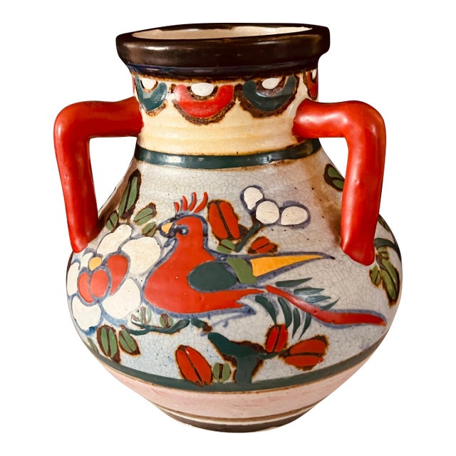 Vintage 3-Handled Ceramic Vase Jug With Colorful Bird and Flower Motif ...