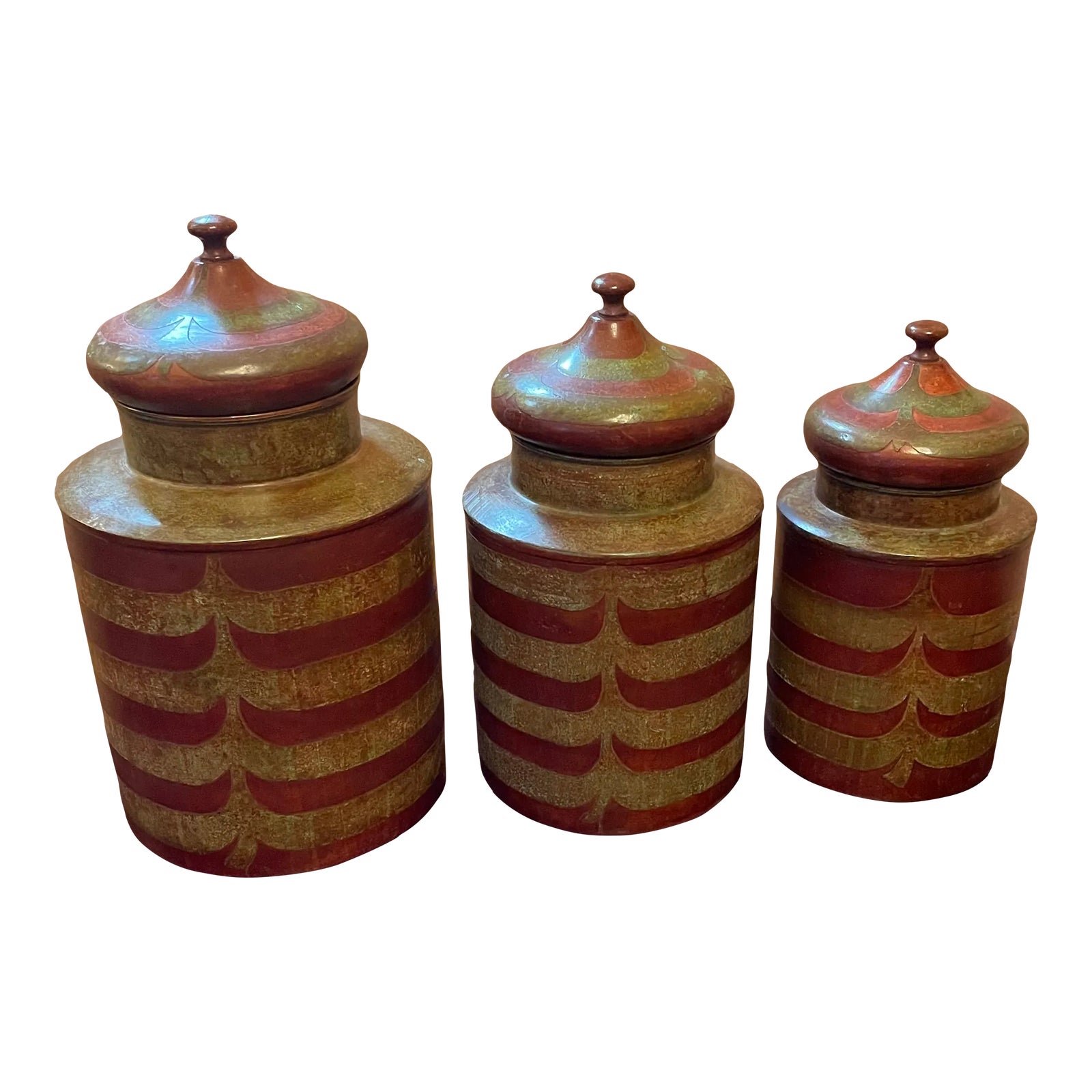 Set of 3 1970s Metal Cannisters Hand-Painted in Green, Brown, Orange ...