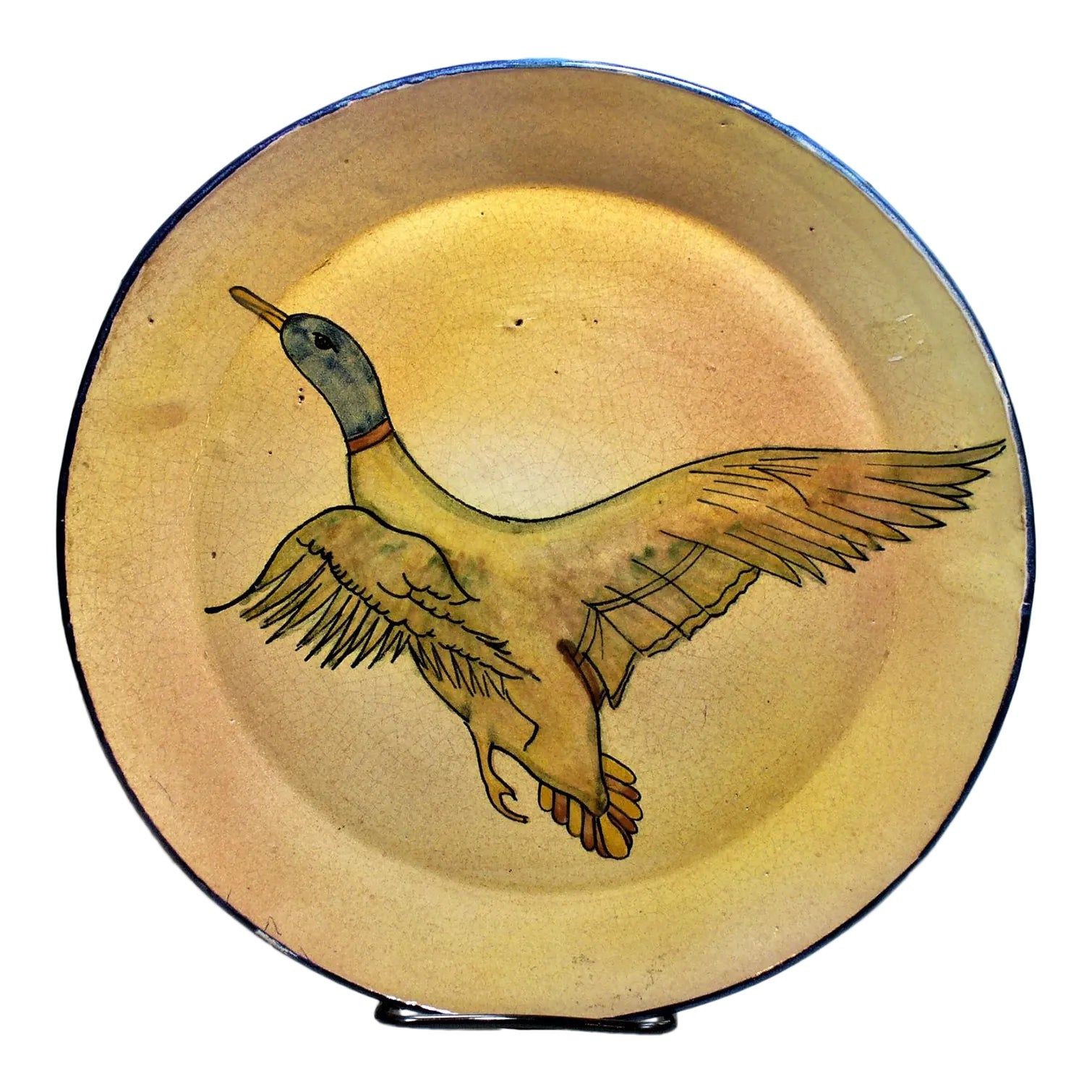 Vintage Rustic Hand Painted Decorative Plate Duck in Flight | Chairish