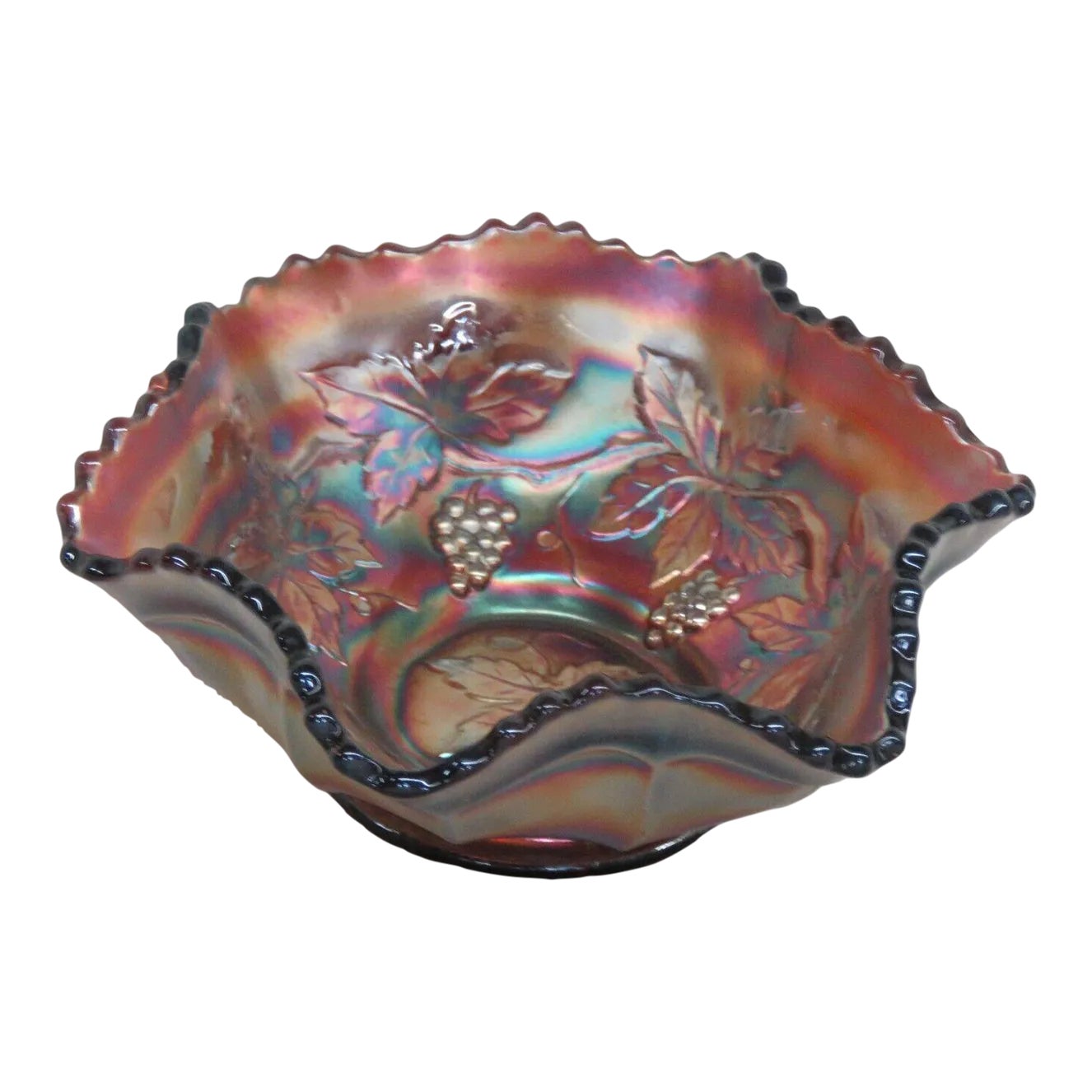 Fenton Amethyst Carnival Glass Ruffled Rim Grapes Berry Bowl Candy Dish ...