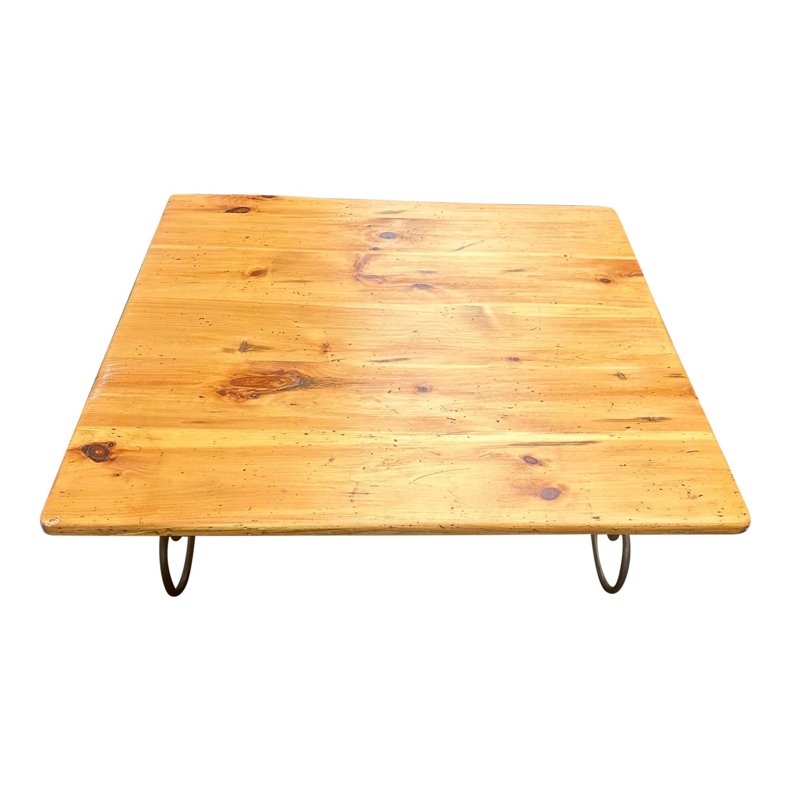 Pinewood Table With Black Metal Frame and Gold Accents | Chairish