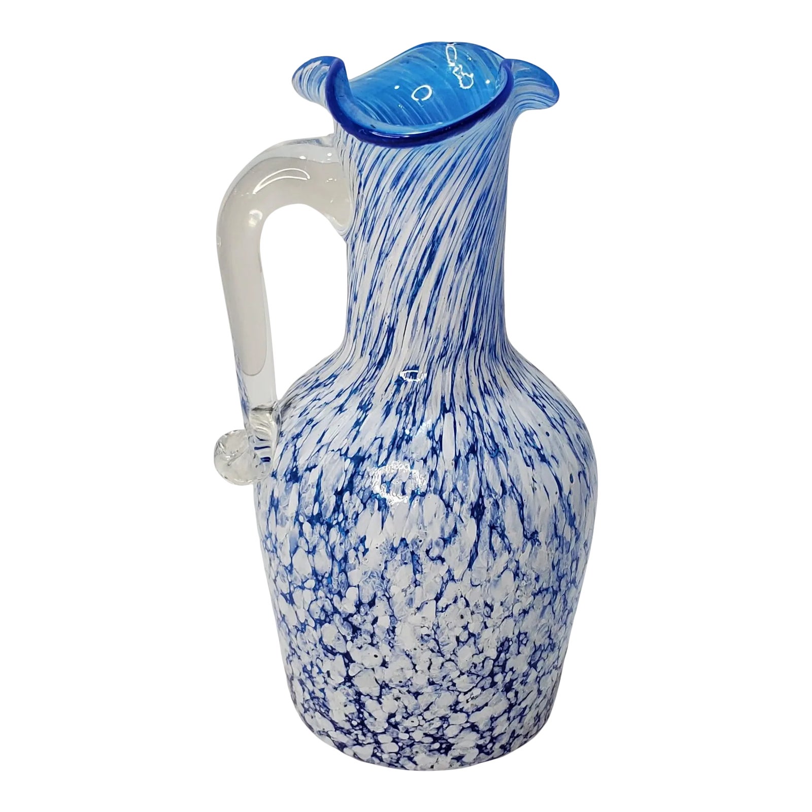 Pilgrim Blue and White Smooth Spatter Glass Pitcher | Chairish