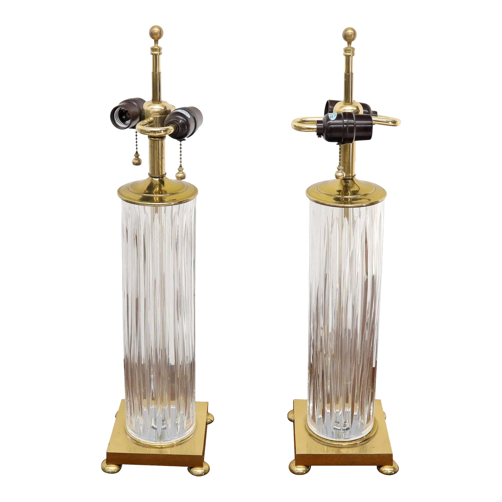 Pair of Fine Cut Glass Crystal Cylinder Shape Table Lamps on Brass ...