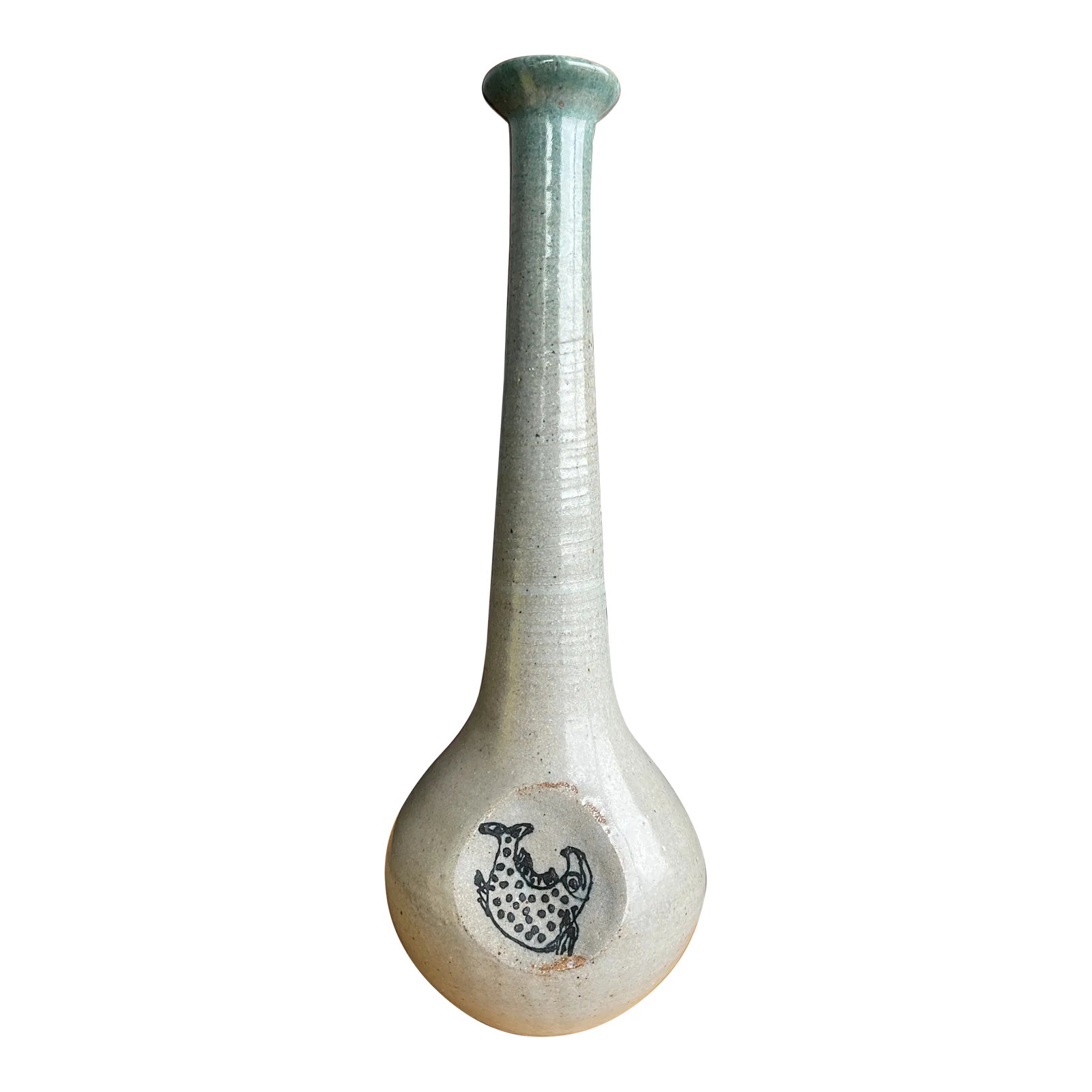 Vintage Studio Vase Tall Neck Dimple Fish Drawn Design | Chairish