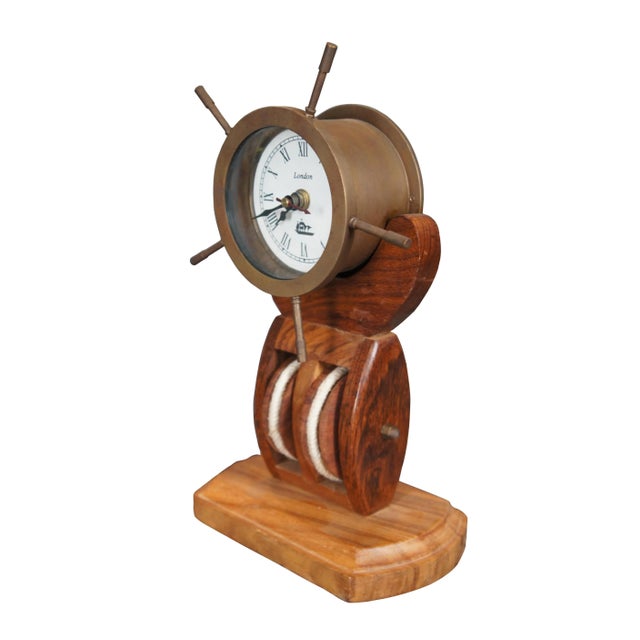 Mid 20th Century Nautical Solid Brass Ship Wheel Clock on Wooden Pulley ...