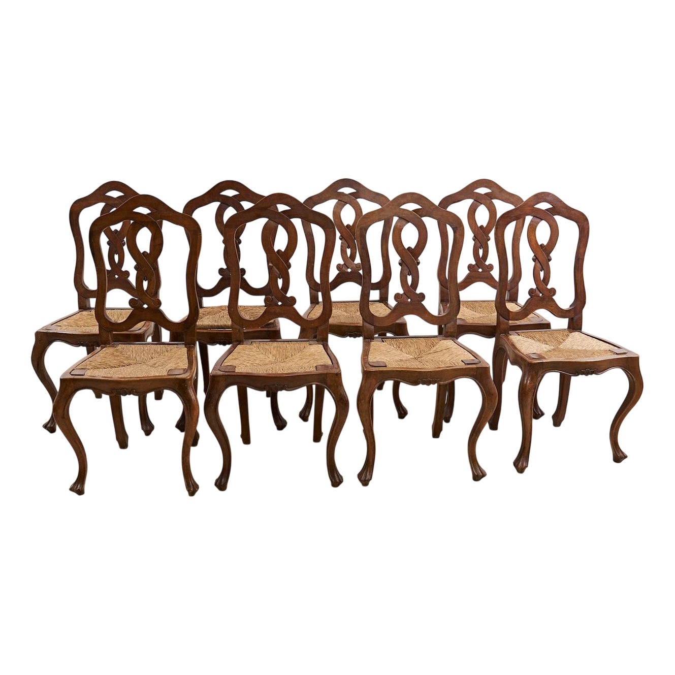 Antique Wooden Chairs with Straw Seats, Set of 8 | Chairish