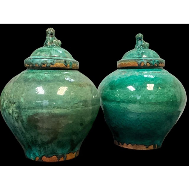 Chinese Export Style Large Scale Green Teracotta Pottery Jars With Foo ...
