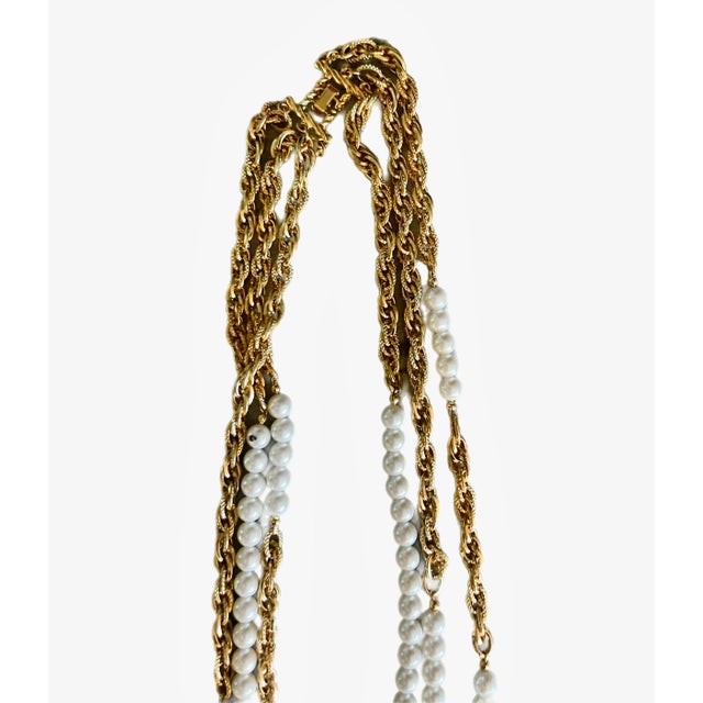 Vintage Chanel Look Triple Gold Chain and Faux Pearl Necklace | Chairish