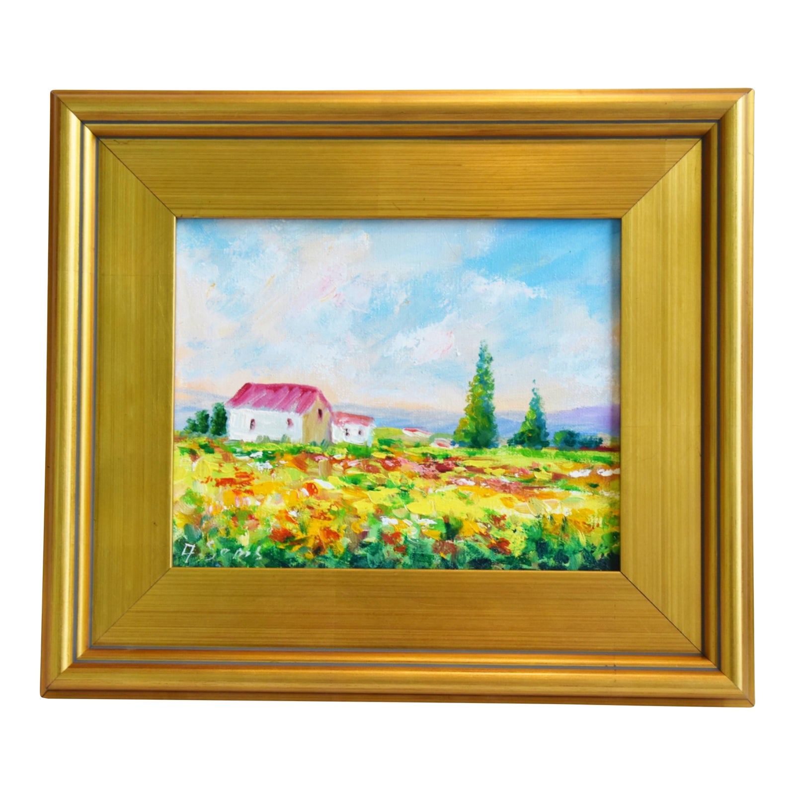 Impressionist Floral & Farmhouse Meadow Landscape Painting W/ Gold ...