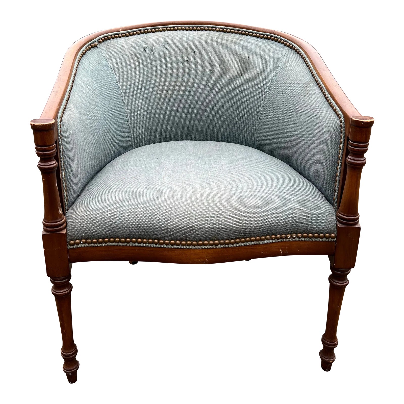 Traditional Vintage Side or Accent Chair Wood and Brass Rivets in Blue ...