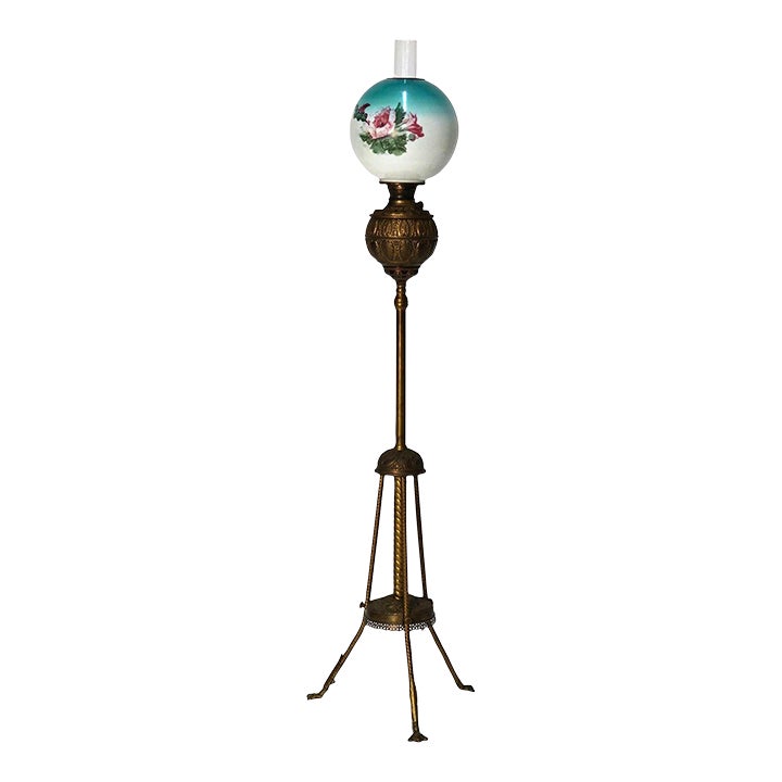 Antique Brass Telescoping Piano Oil Lamp Hand Painted Floral Shade 1890 Chairish
