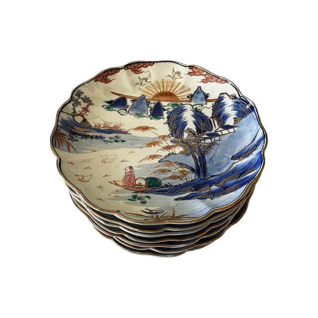 Vintage Hand Painted Japanese Porcelain Plates- Set of 7 | Chairish