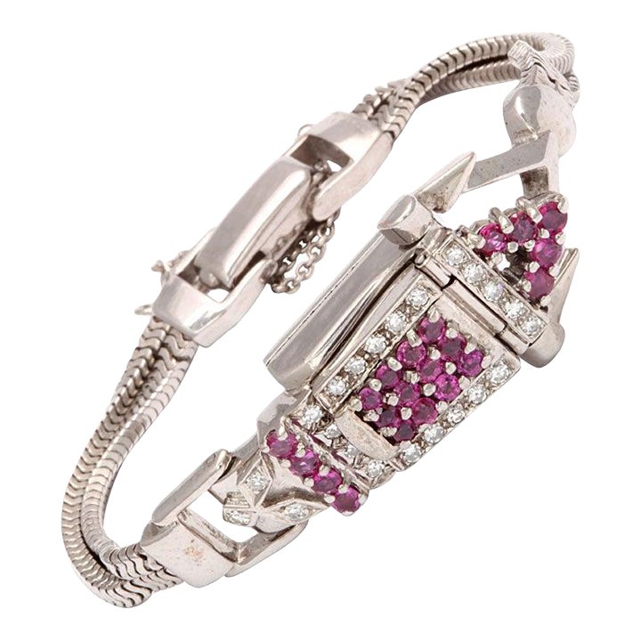 Retro Covered Ladies White Gold Diamond Ruby Evening Dress Watch by ...
